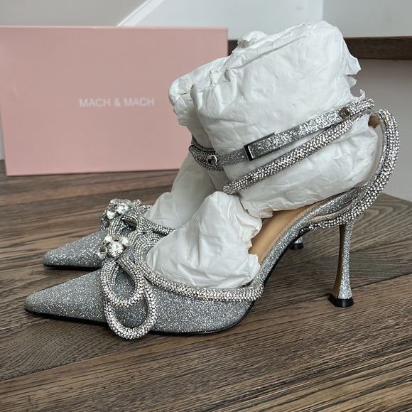 MACH & MACH | Shoes | Mach Mach Silver Glitter Double Bow Heels | Poshmark